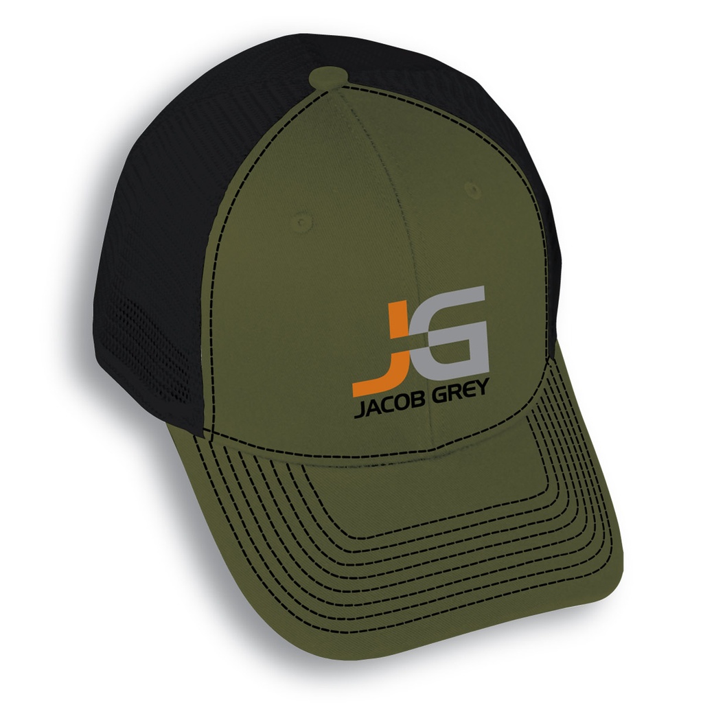 Jacob Grey Hat, Olive and Black, Trucker Style, 2 color logo | Jacob ...